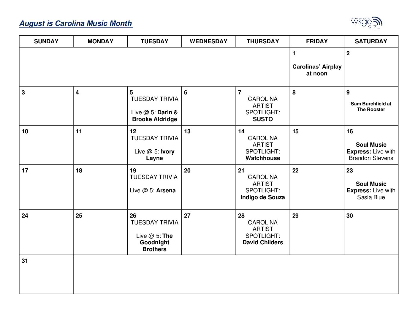 Carolina Music Month - Website Calendar - WSGE